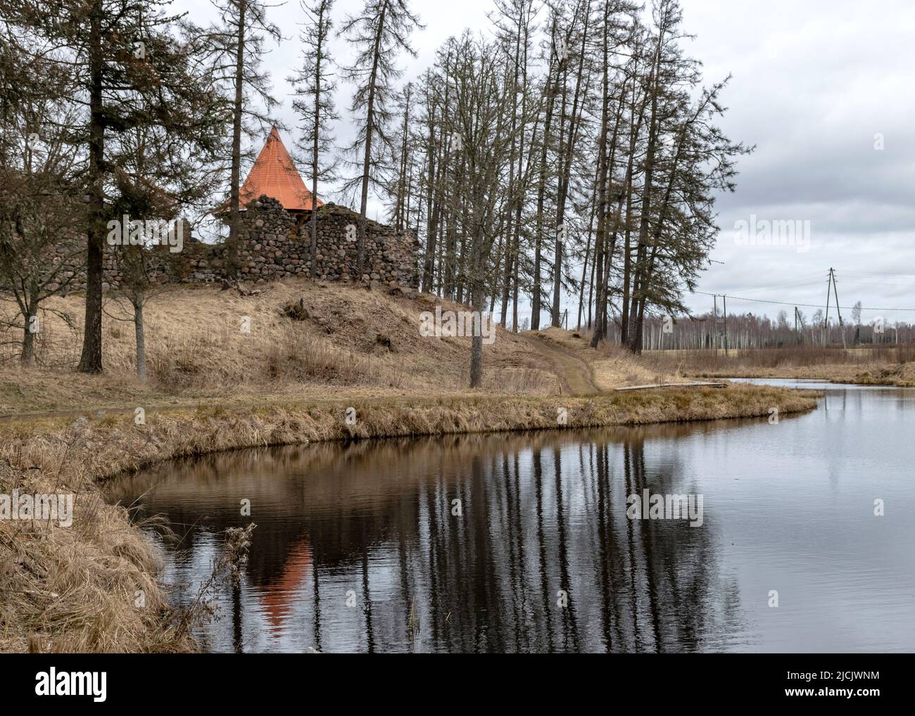 early spring landscape with a view of the castle ruins, the new bright ...
