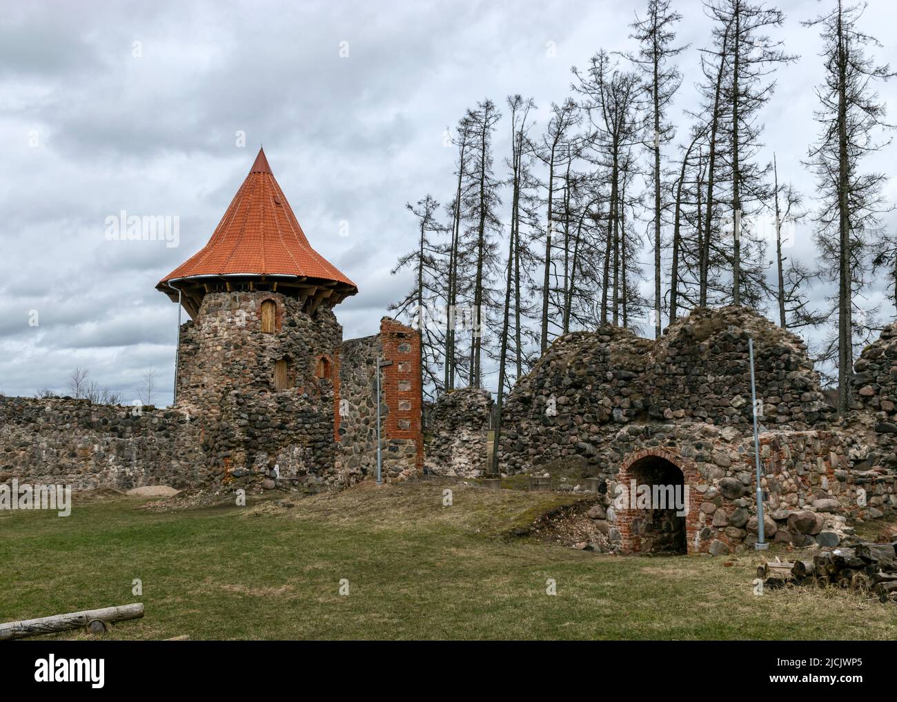 early spring landscape with a view of the castle ruins, the new bright ...