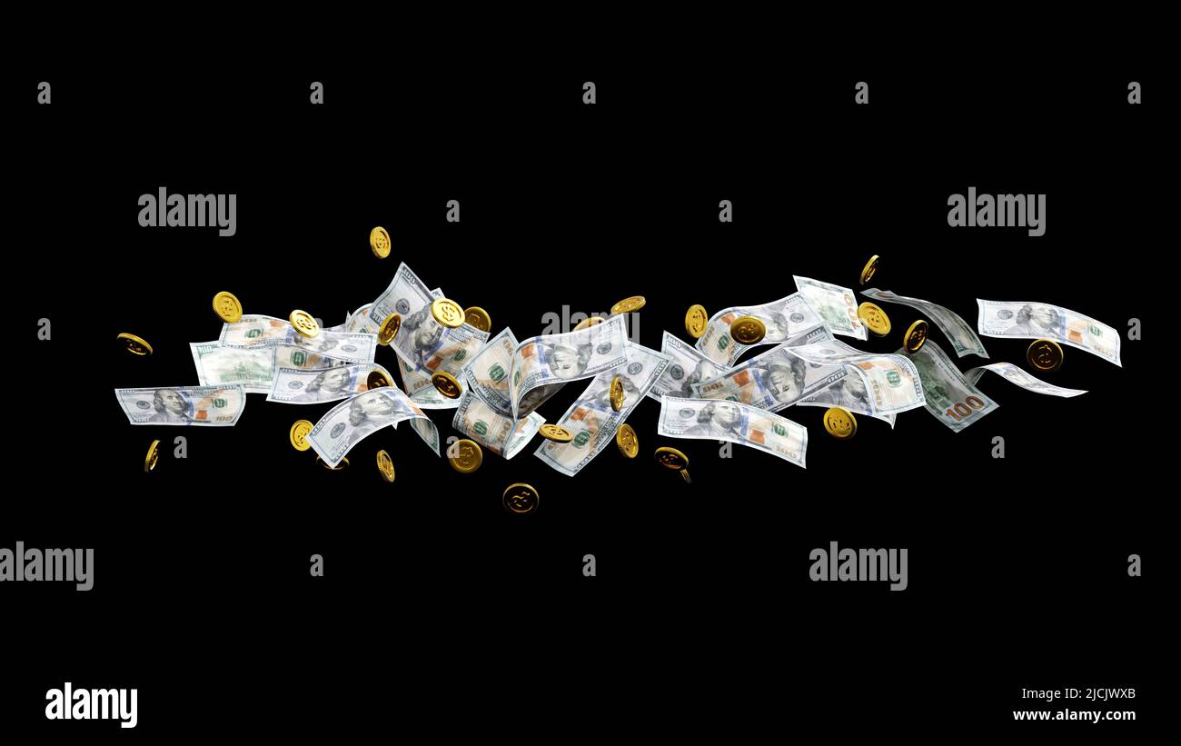 Falling gold coin and dollar banknote, money floating in air, business ...