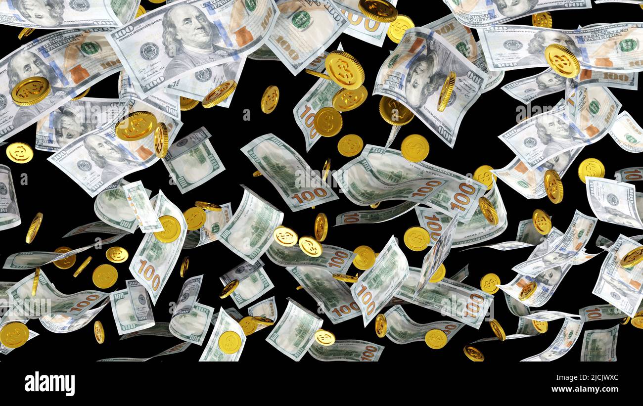 Falling gold coin and dollar banknote, money floating in air, business ...