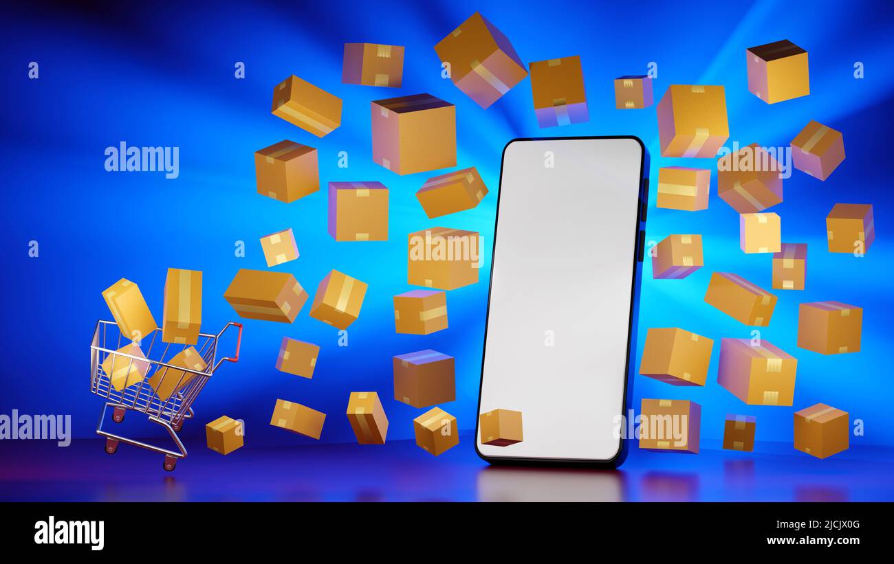 Mobile phone or smartphone with brown cardboard boxes parcel, online ...