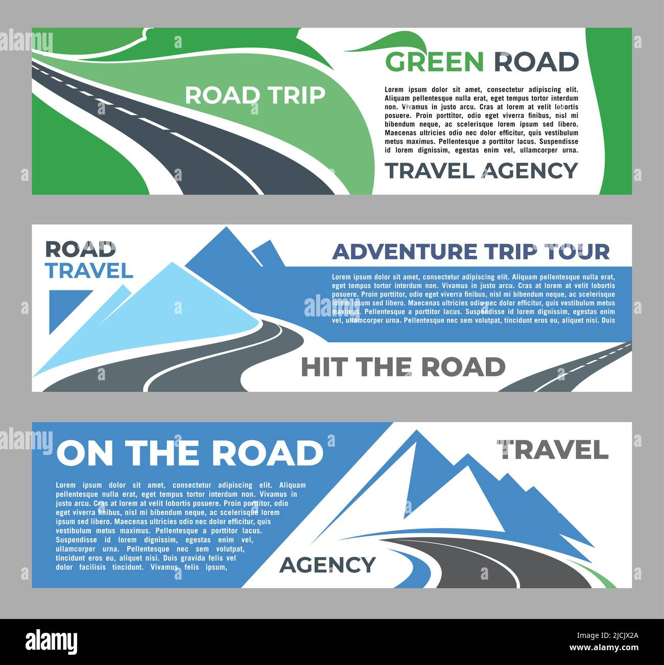 Road trip travel banners of city journey with highway vector background ...