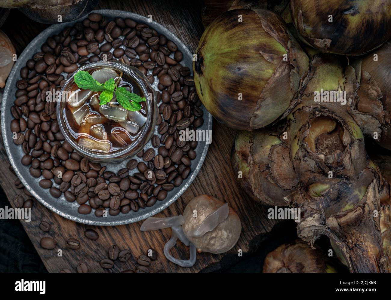 Sliced fresh toddy palm in fresh toddy palm juice with crushed ice ...