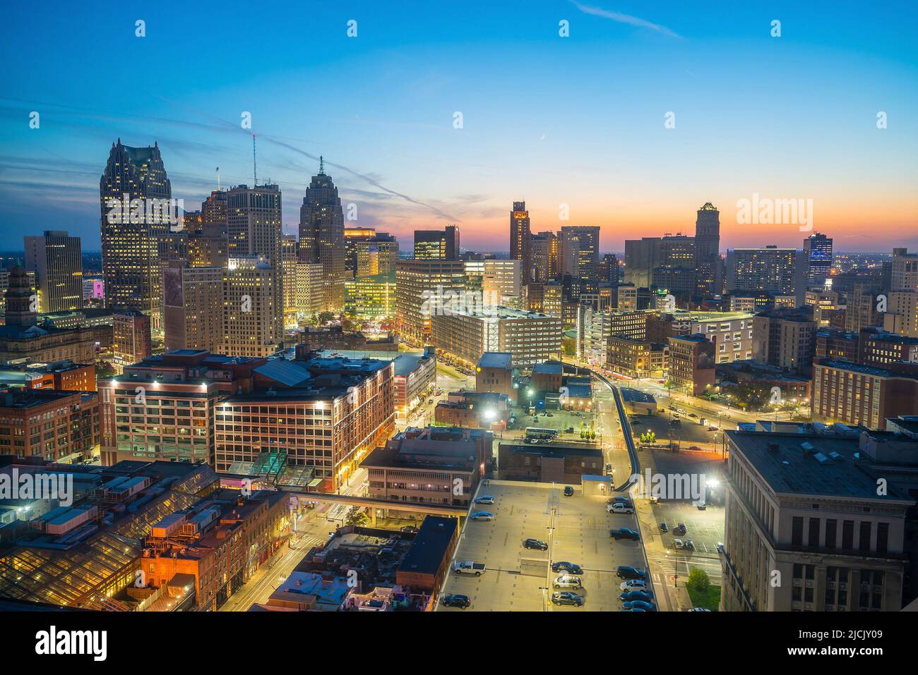 Aerial view of downtown Detroit at twilight in Michigan USA Stock Photo ...