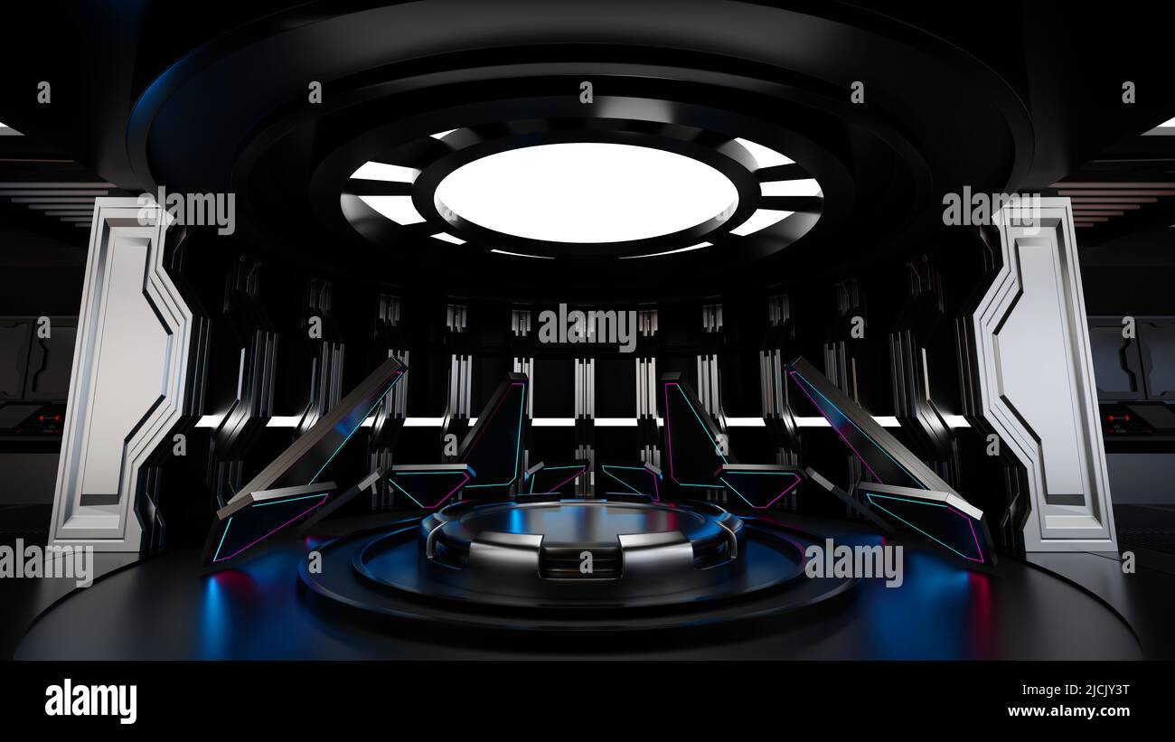 Modern podium in spaceship or space station interior, Sci Fi tunnel ...