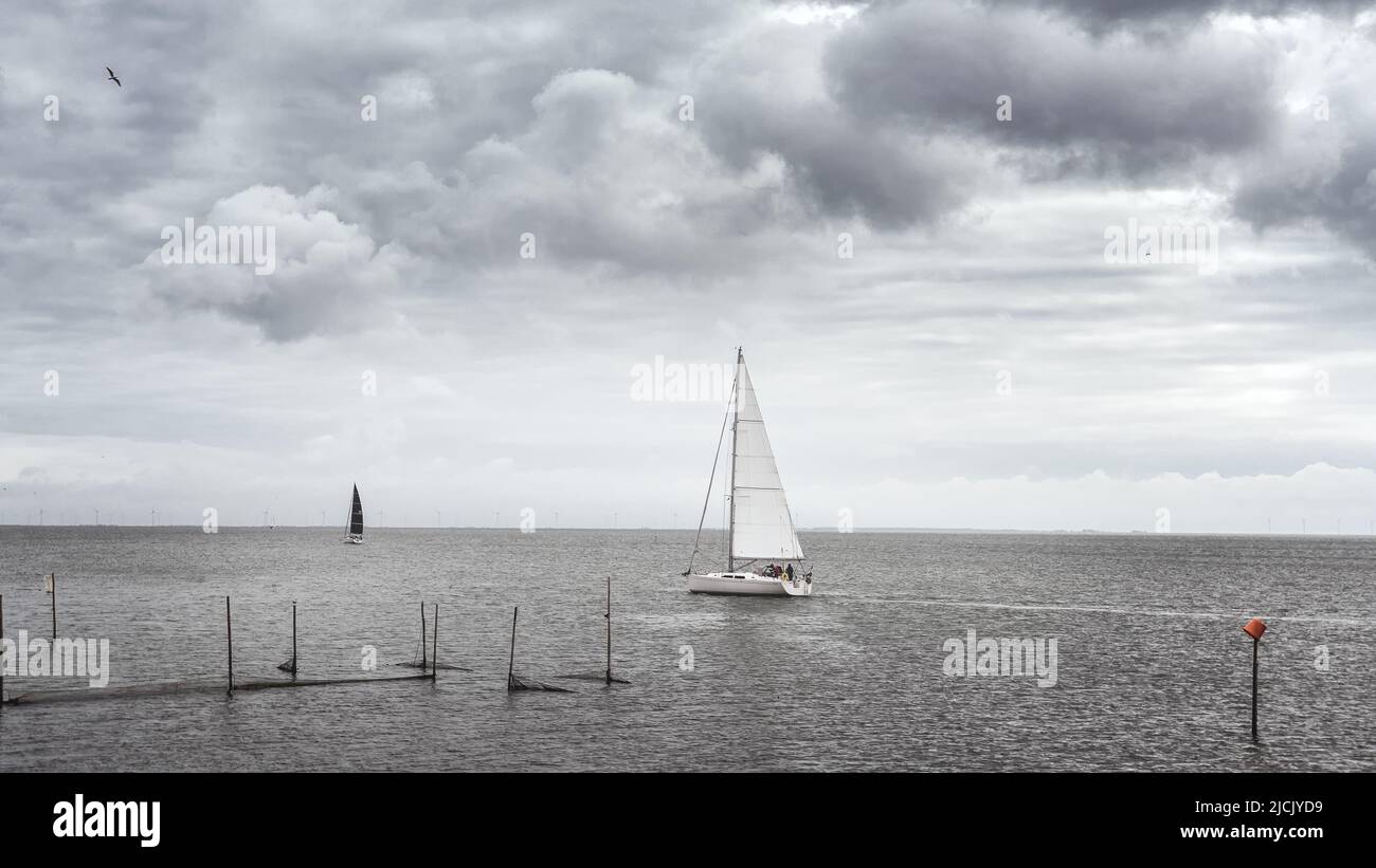 Sailboat on lake Ijsselmeer in cloudy weather, Enkhuzen, Netherlands ...