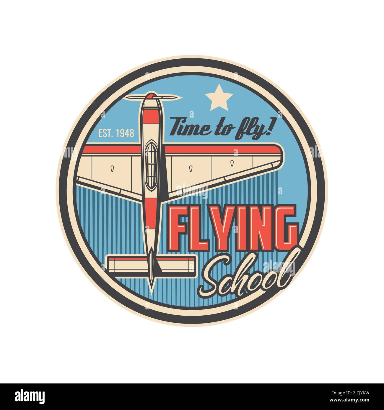 Flying school icon with retro plane or airplane. Vector round badge ...