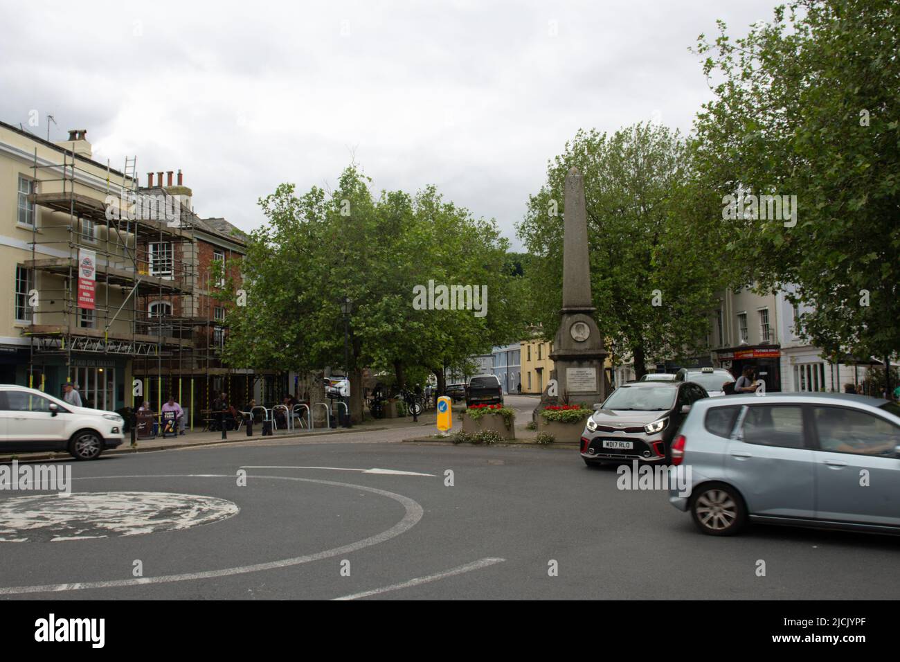 TOTNES, UK - JUNE 26, 2021 roundabout, roads and building in the centre ...