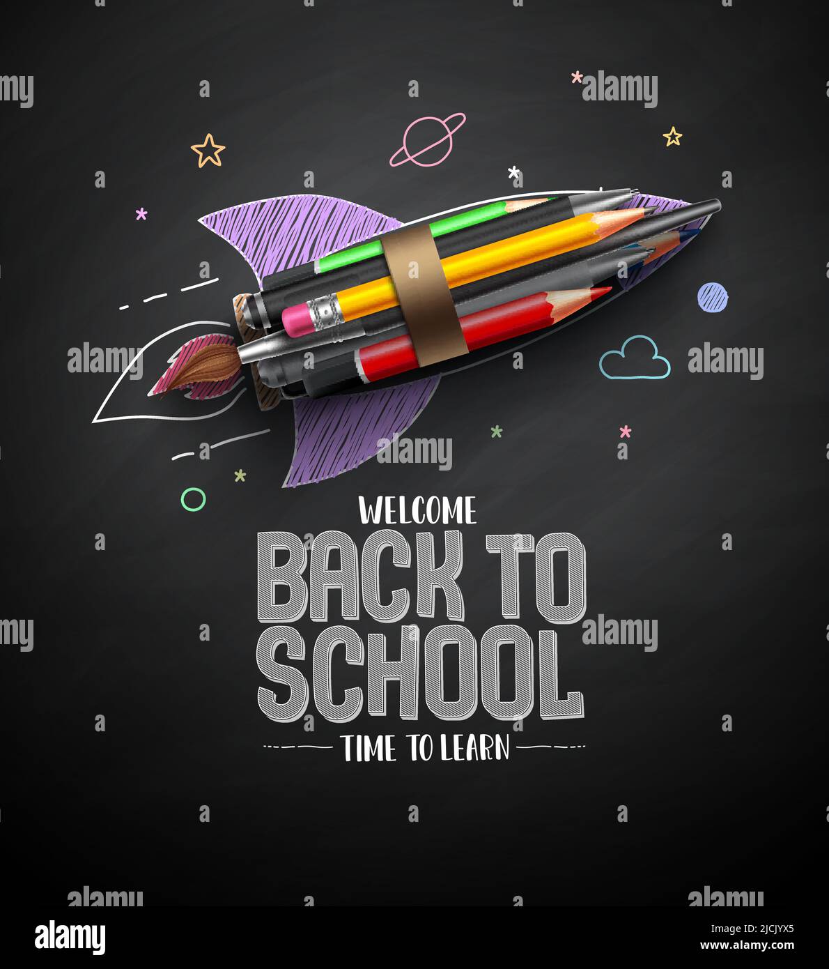 Welcome back to school vector design. Rocket ship launch made with ...