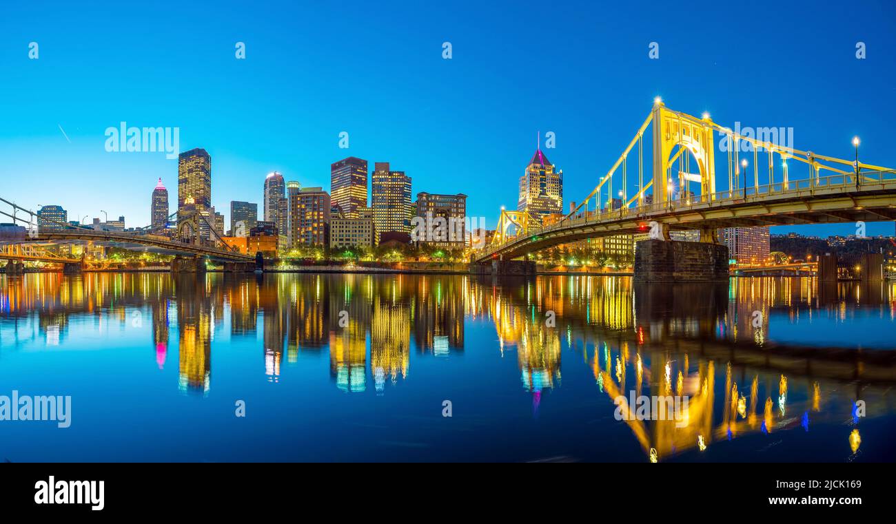 Panorama of downtown Pittsburgh skyline at twilight Stock Photo - Alamy