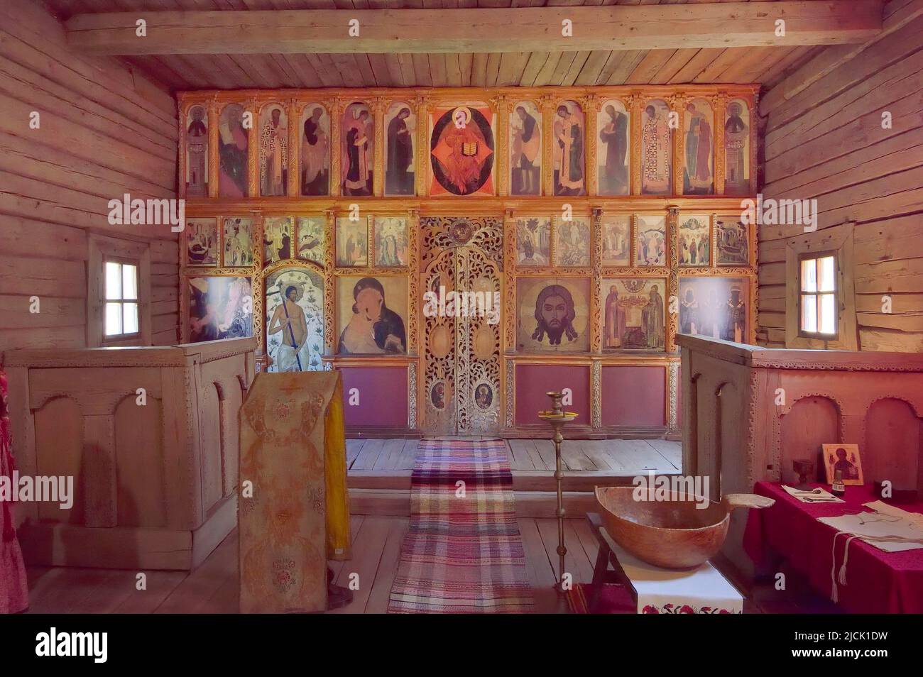 Spasskaya wooden Orthodox Church. Interior with an iconostasis of a preserved monument of ...