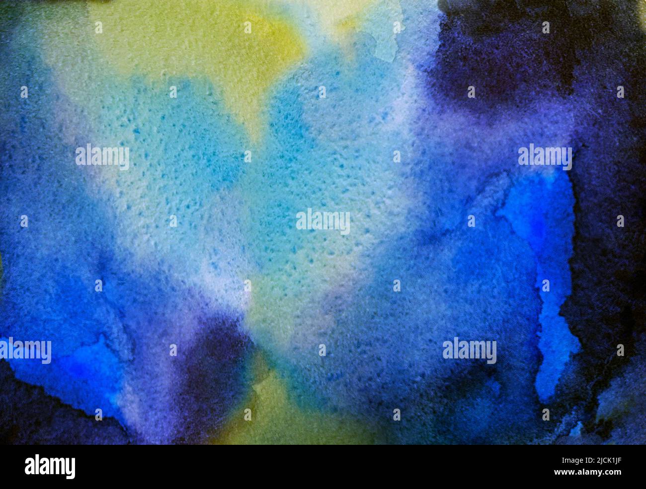 Abstract blue, navy blue, yellow and black watercolor background with ...