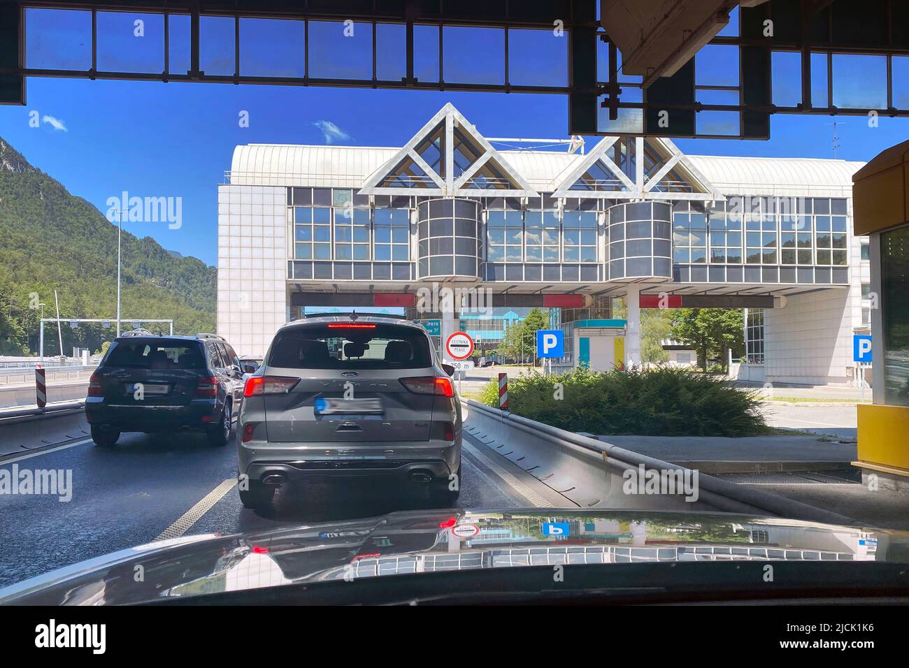Toll station in front of the Karawanken tunnel in Slovenia before the ...