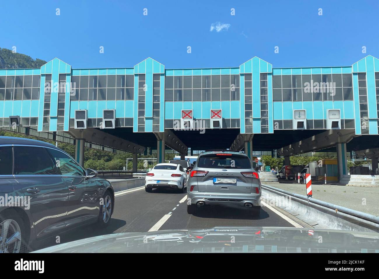 Toll station in front of the Karawanken tunnel in Slovenia before the ...
