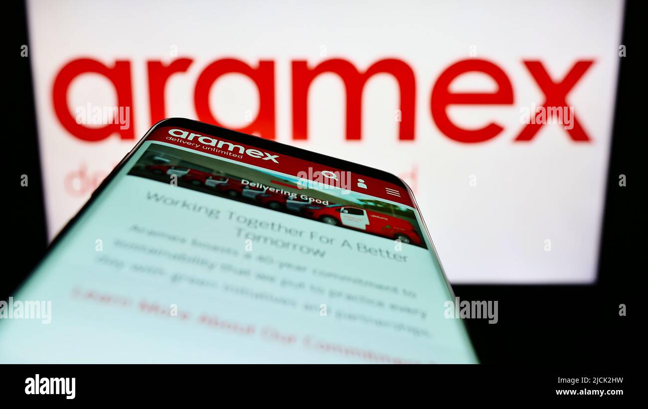 Smartphone with website of Emirati logistics company Aramex PJSC on ...