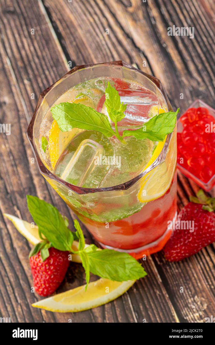 Refreshing bubble tea mojito with strawberry and boba Stock Photo - Alamy