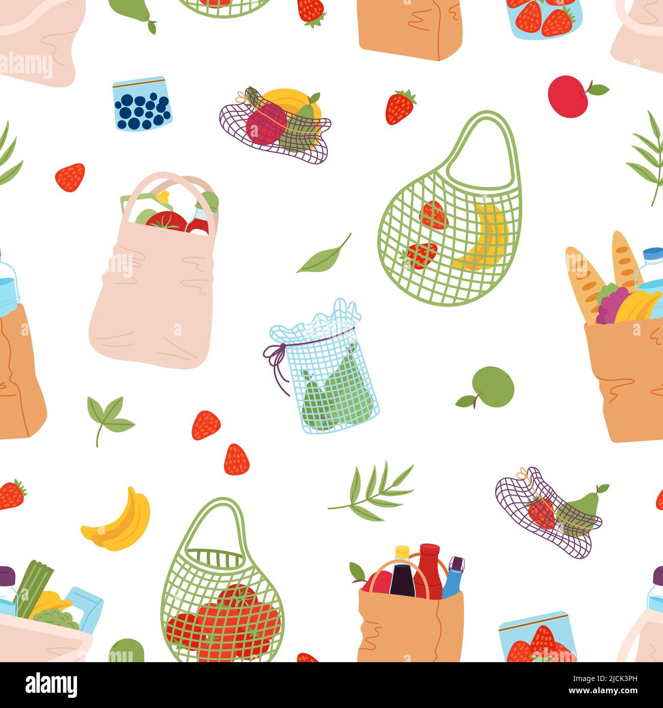 Eco shopping bags. Fruits and grocery store packs, craft paper bag with ...