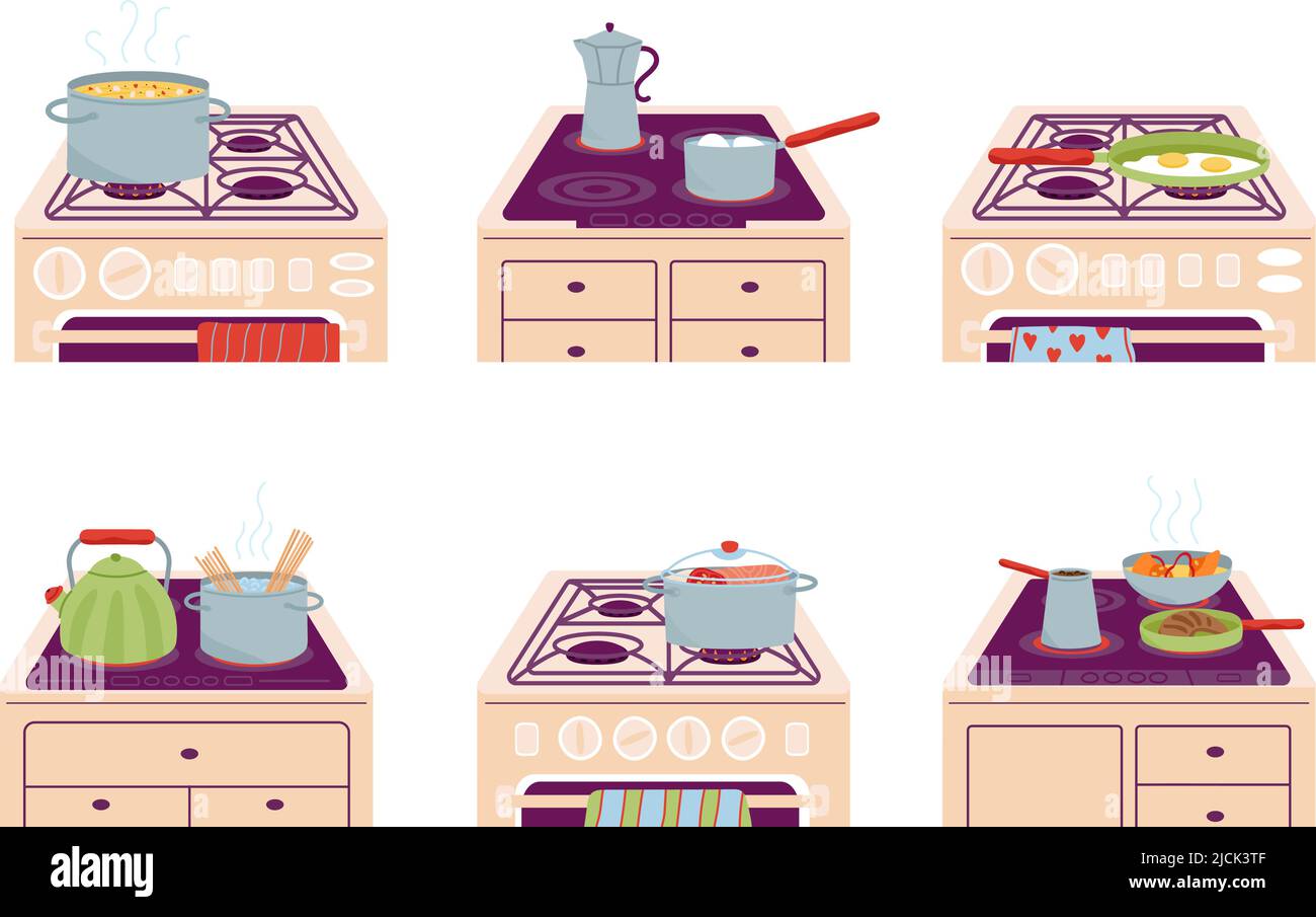 Cook on the stove. Food in pan and pot. Boiling soup on gas cooker ...