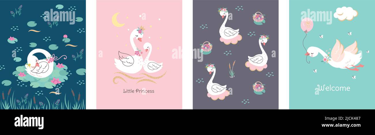 Swan poster design. Cute swans cover template, sweet baby welcome party ...