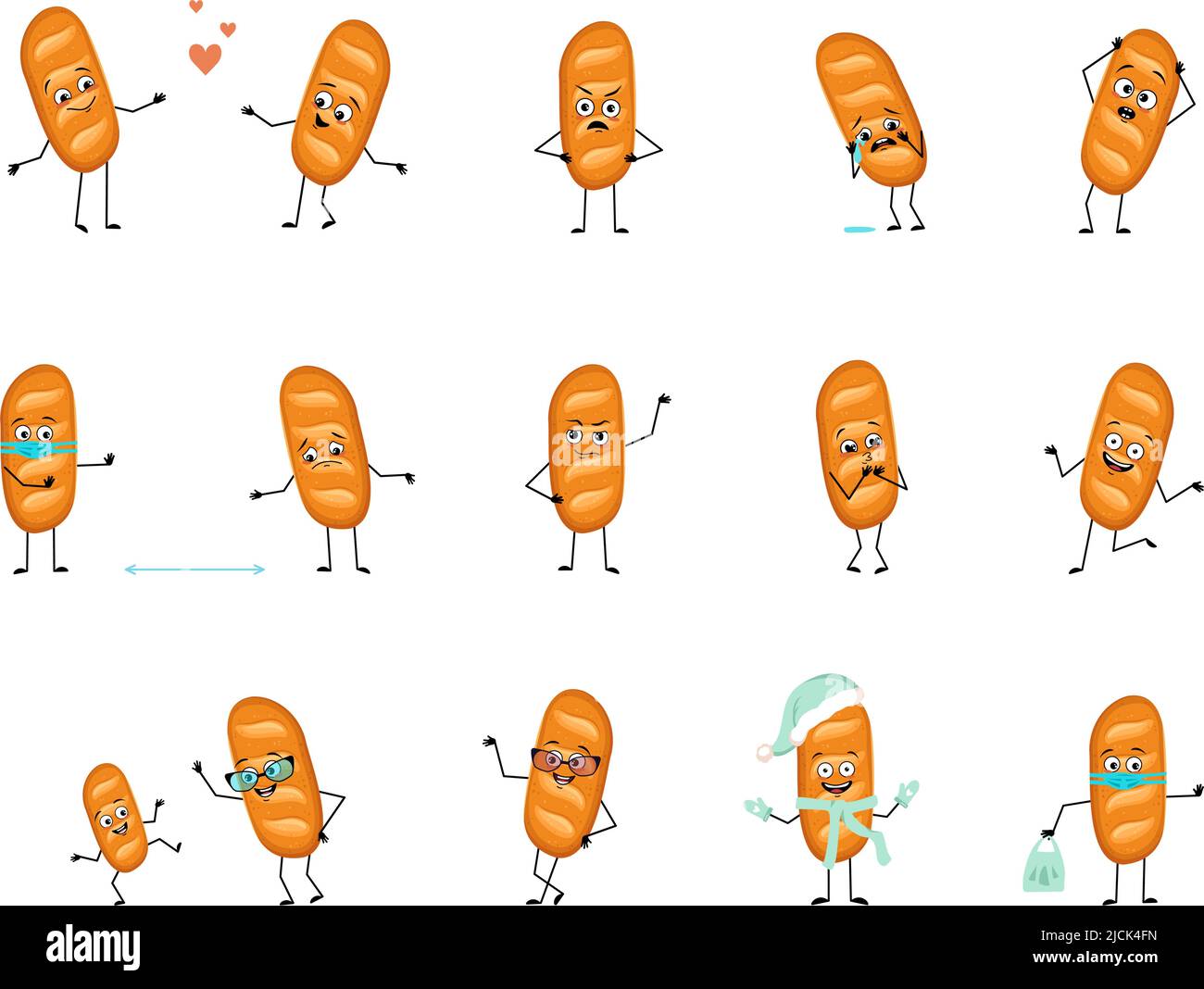 Cute loaf of bread character with happy or sad emotions, panic, loving ...