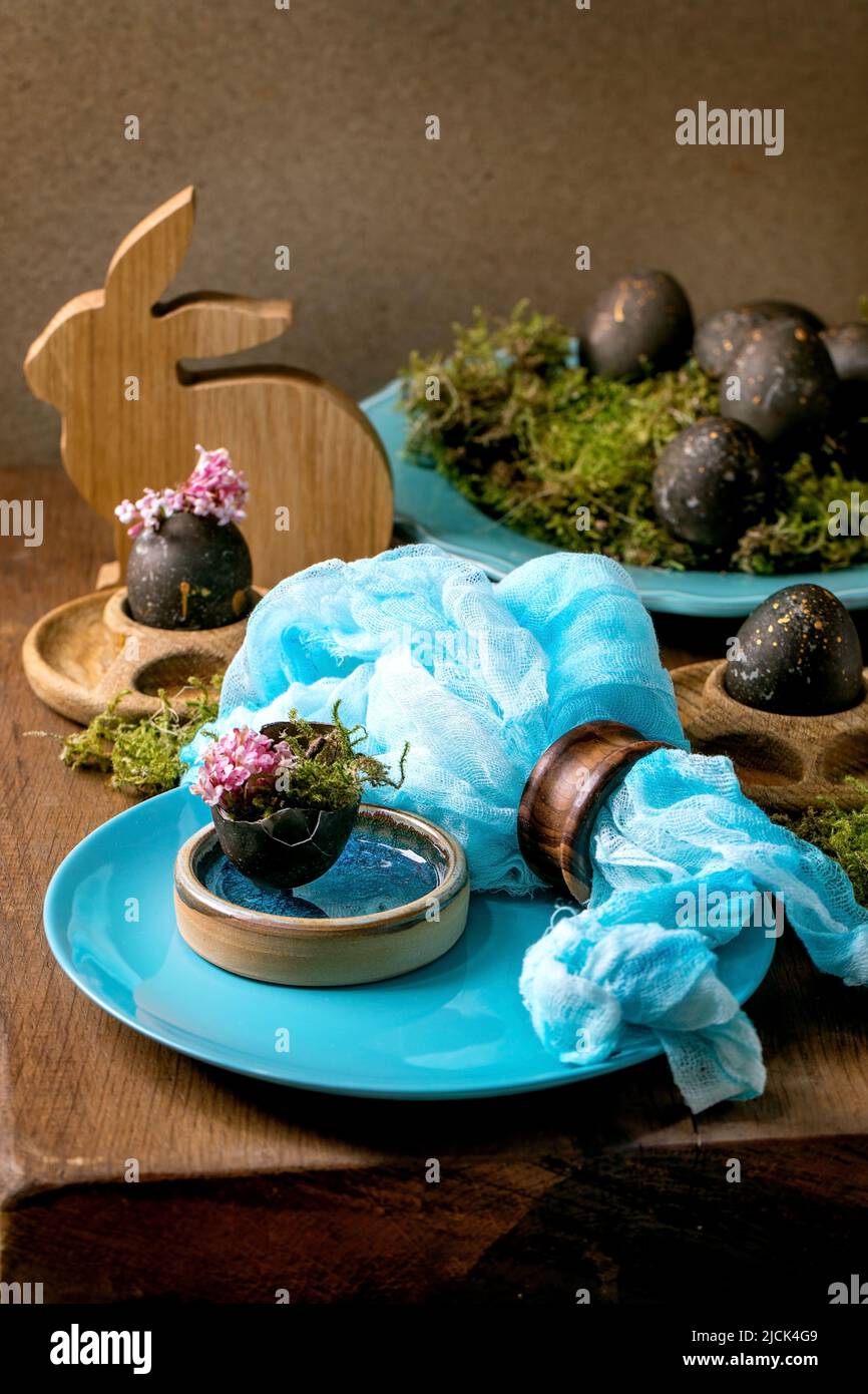 Wooden bunny black colored easter eggs pink spring flowers on hi-res ...