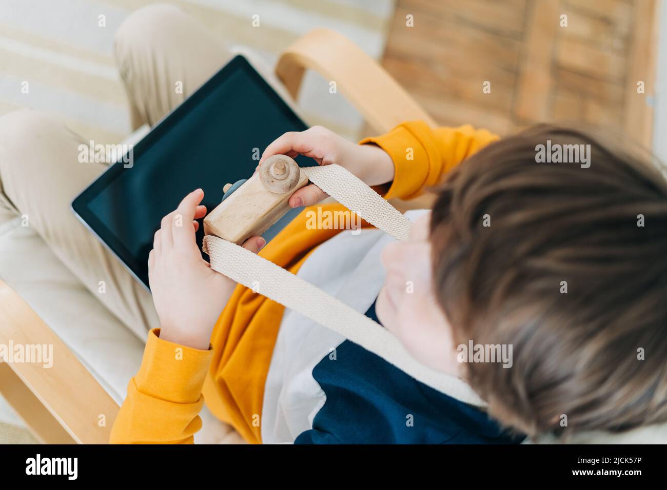 Caucasian little Cute preschooler child boy having fun and playing with ...