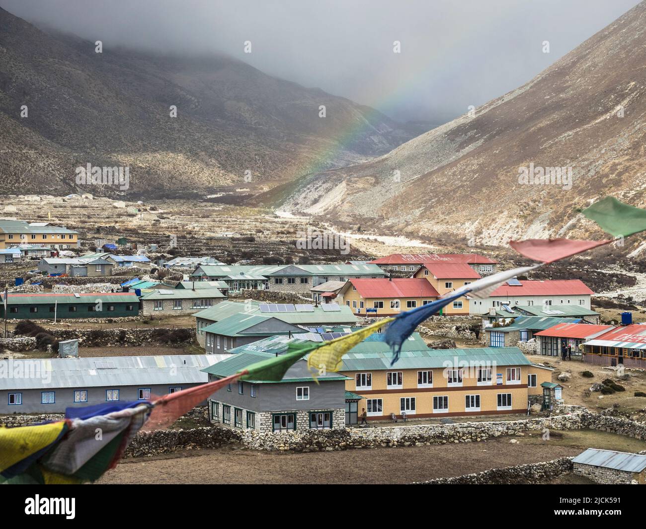 Prayer flags above Dingboche (4410m) with May storm clouds and a ...