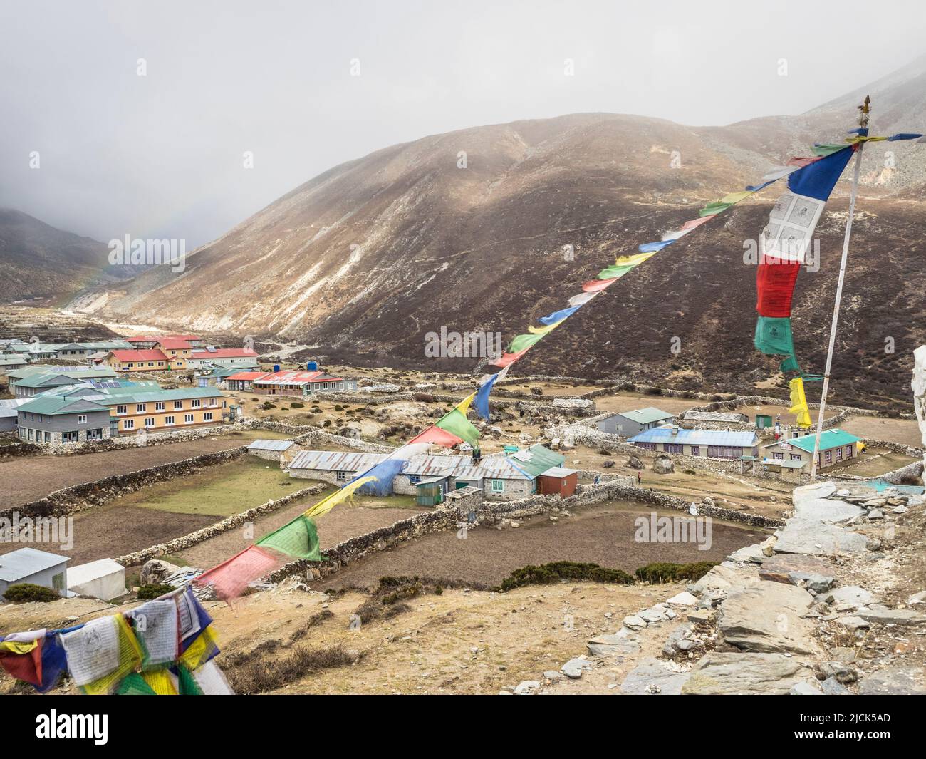 Prayer flags above Dingboche (4410m) with May storm clouds and a ...