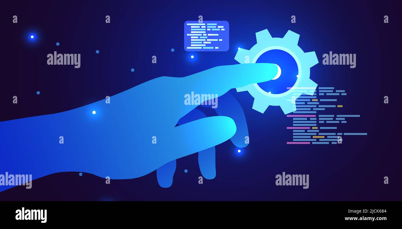 Web Development Coding And Programming Futuristic Banner Hand Touching Computer Code Vector