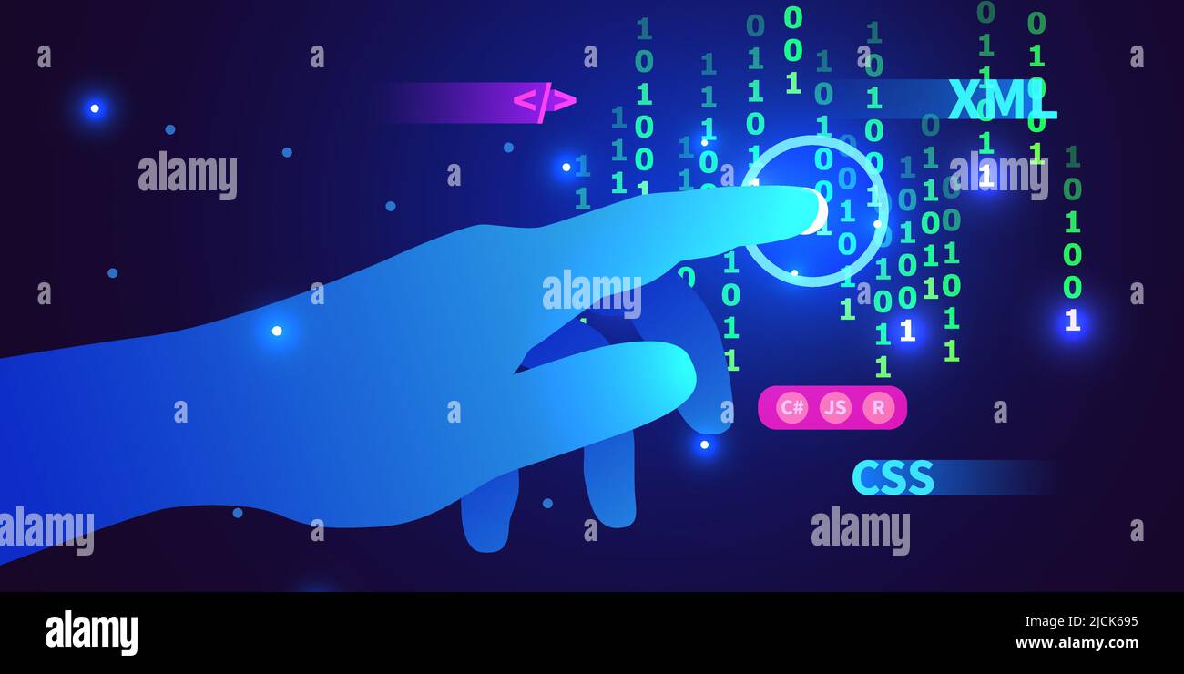 Web Development Coding And Programming Futuristic Banner Hand Touching Computer Code Vector