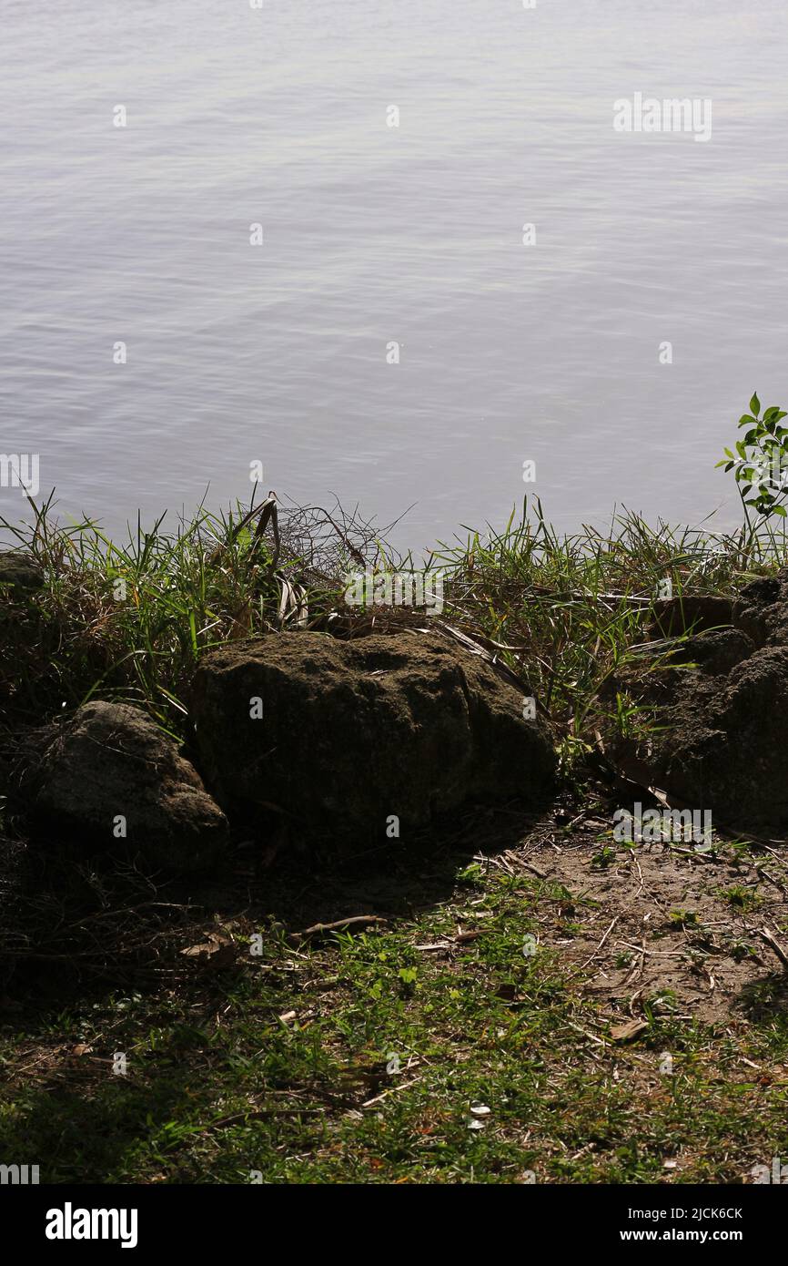 Rocks and stones lining the shore along the sea Stock Photo - Alamy