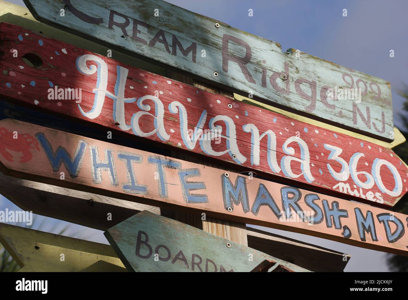 Hand painted wooden signs showing the distance to Havana, Cuba as being ...