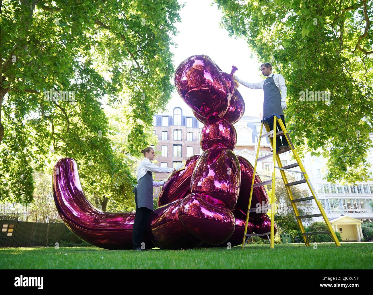 Artist Jeff Koons’ sculpture Balloon Monkey (Magenta), 2006-13, with an ...