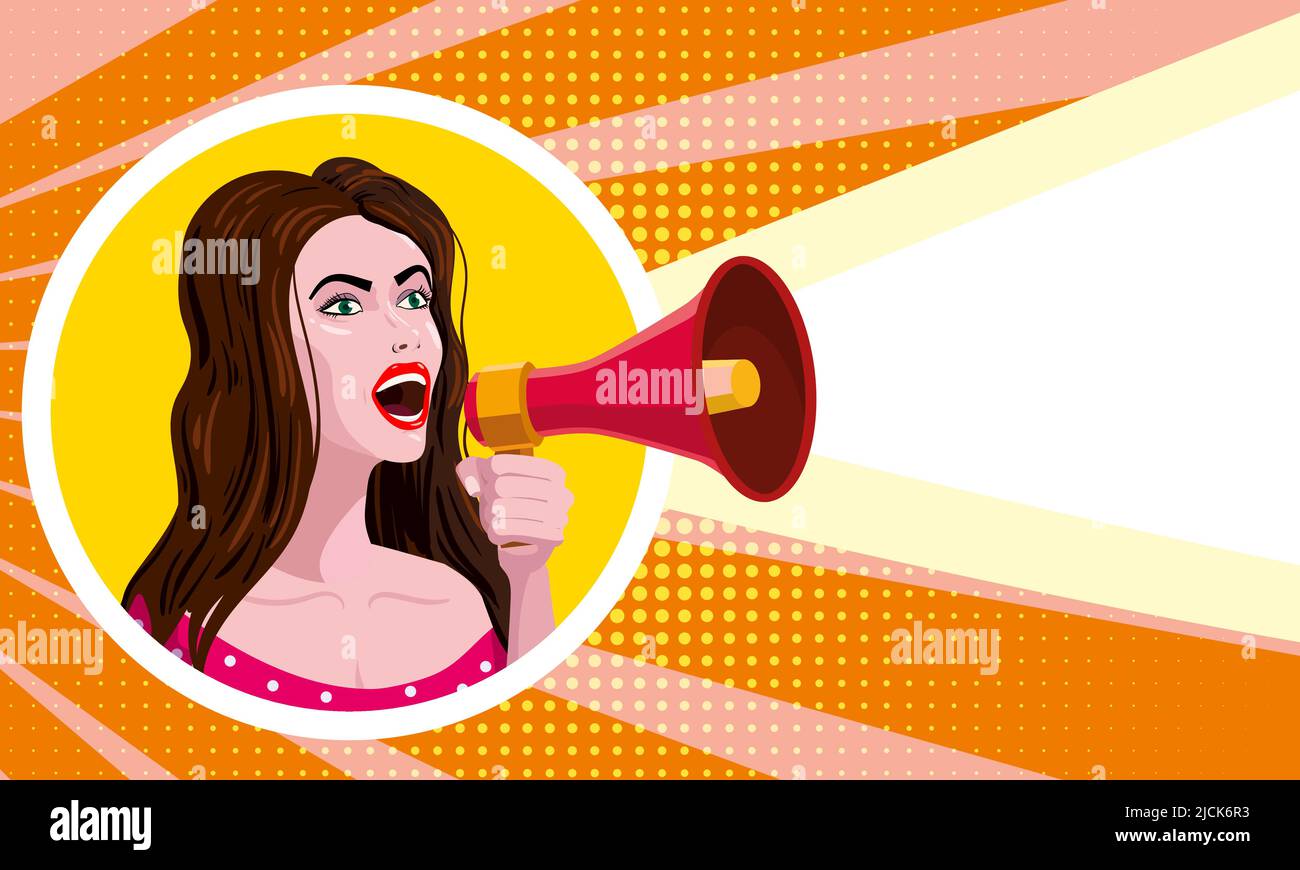 Promotion, advance, Woman shouting in megaphon, loudspeaker. Female ...