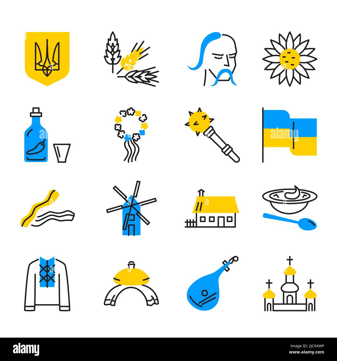 Ukraine icons collection in line style. Ukrainian national symbols ...