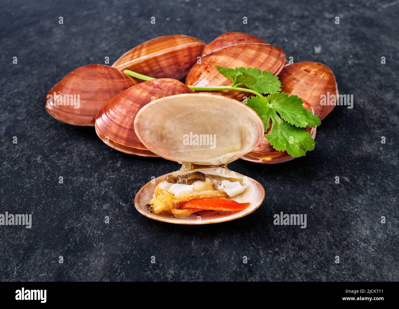 open en closed clams with shellfish isolated on black background Stock ...