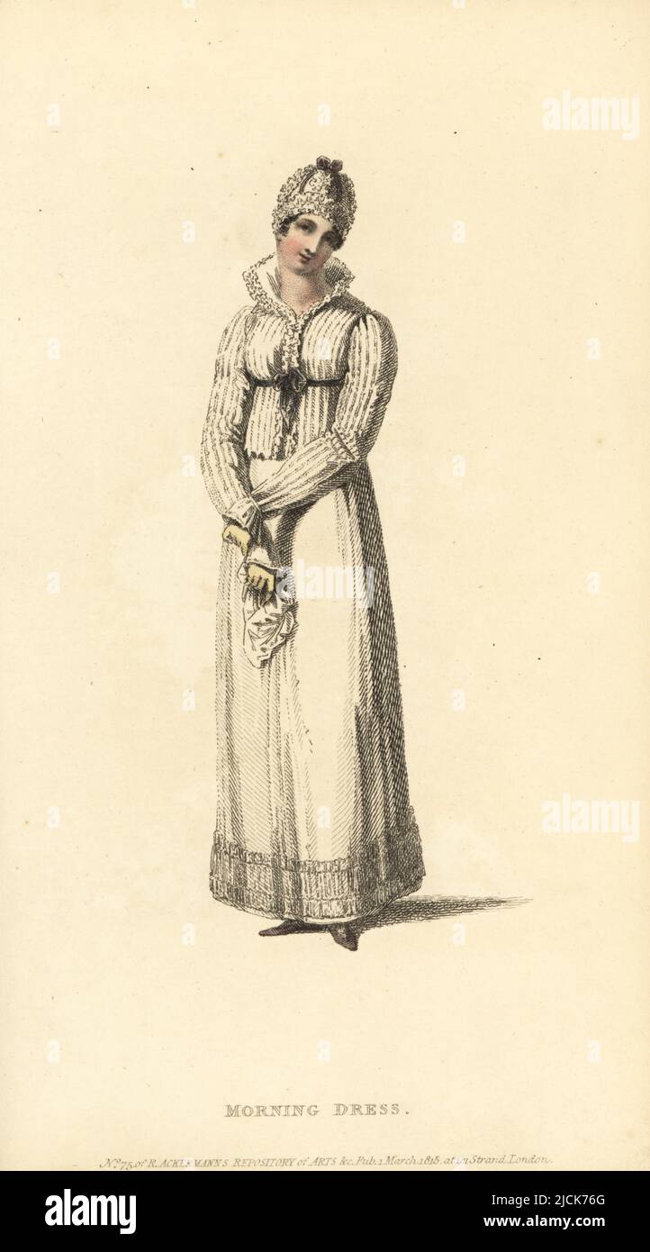 Regency woman in morning dress. In jaconot muslin petticoat ornamented ...