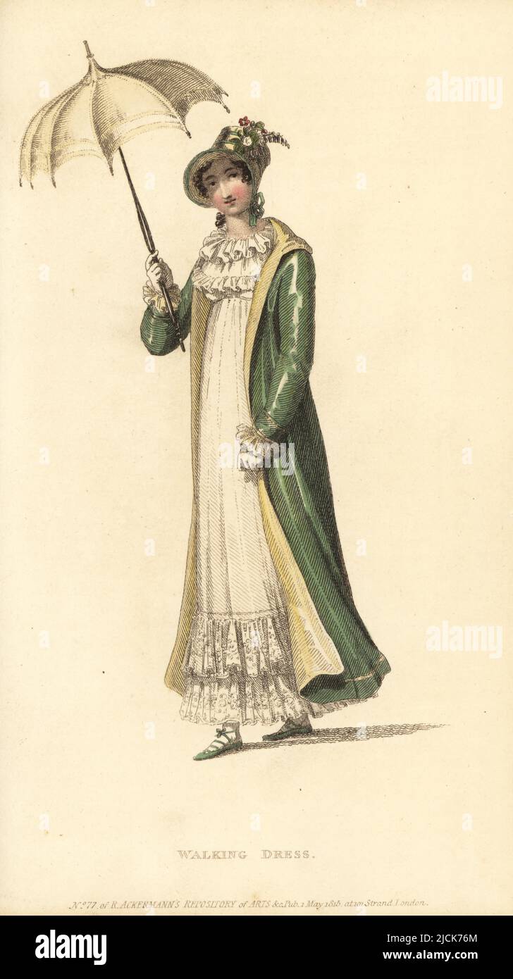 Regency woman in frilled walking dress. Dress in cambric muslin with ...