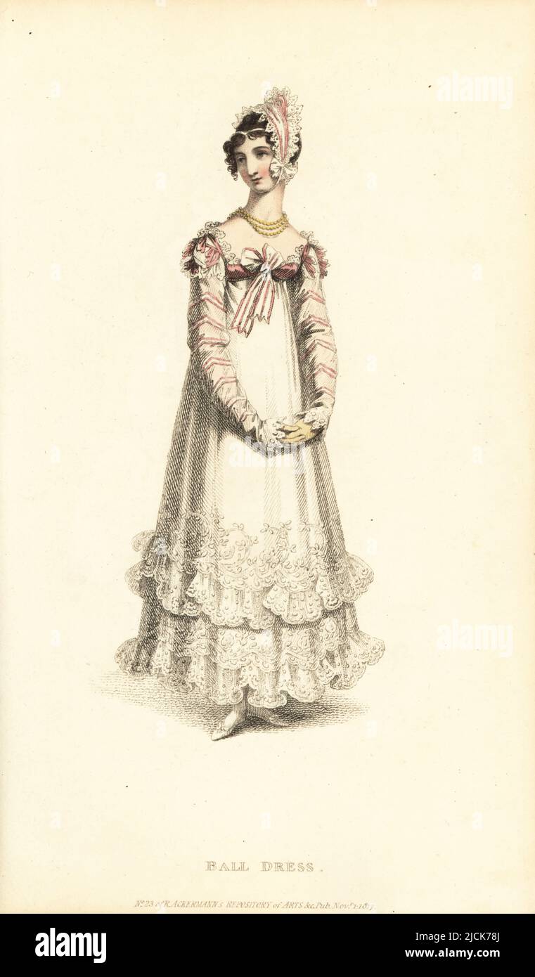 Regency lady in ball gown and fashionable head-dress. Dress of spotted ...