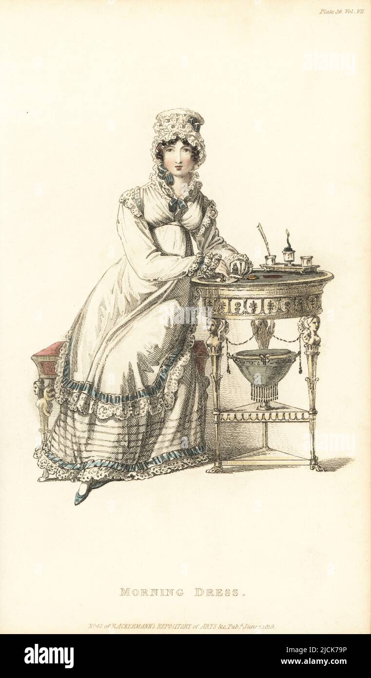Regency lady in morning dress sealing a letter with wax at a writing ...
