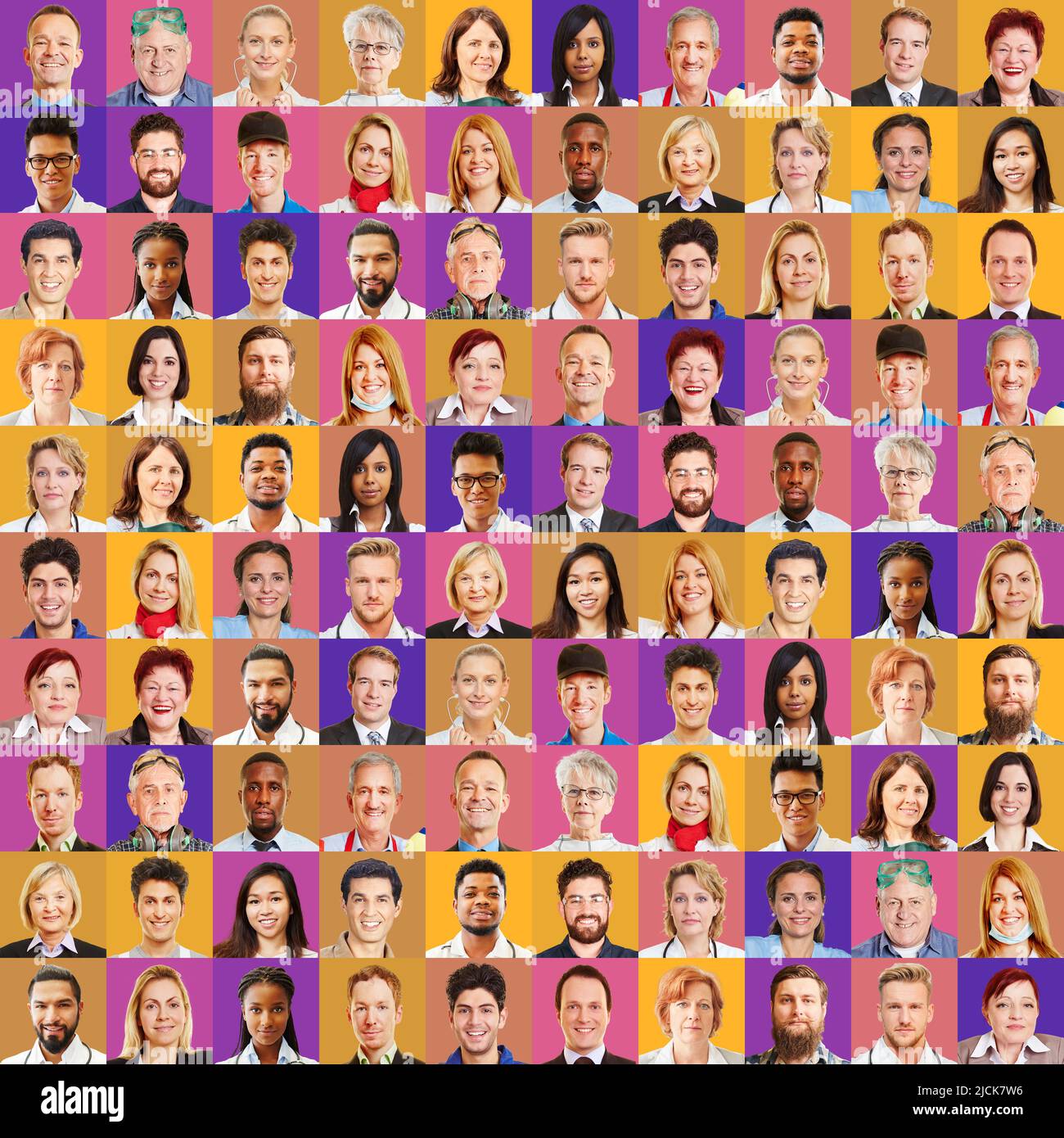 Employee portraits from different professions in front of a colorful ...