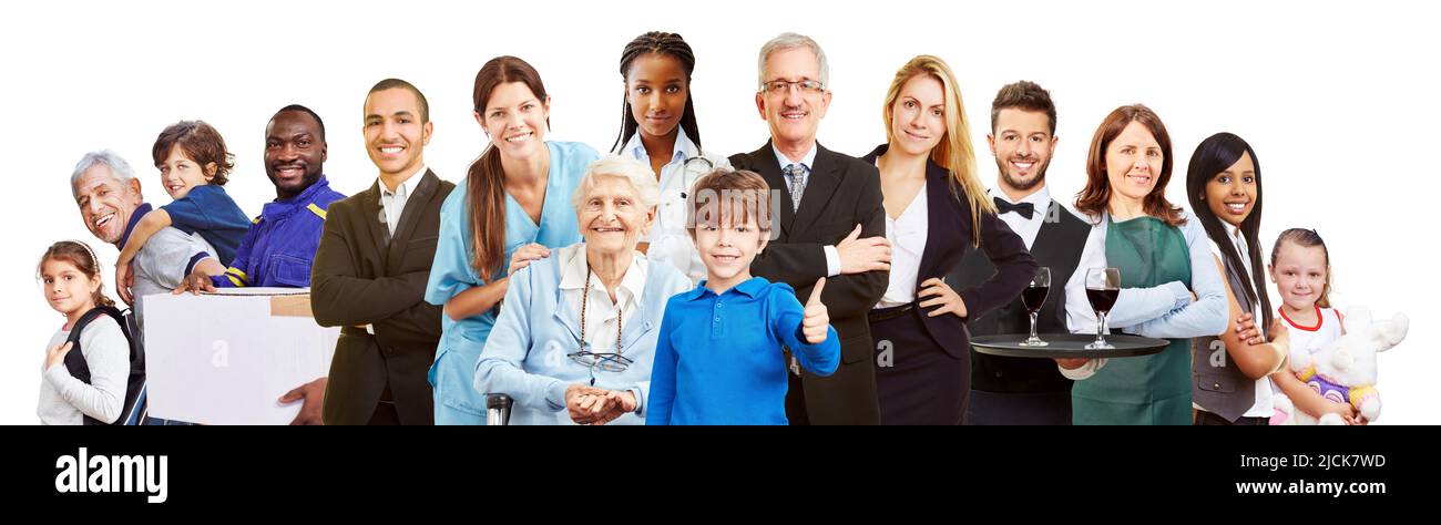 Panorama made of children and adults of different ages as a society and ...