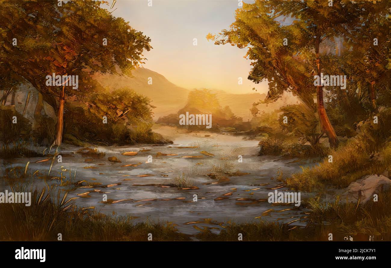 Magical brown fantasy autumn landscape with trees and swamp Stock Photo ...