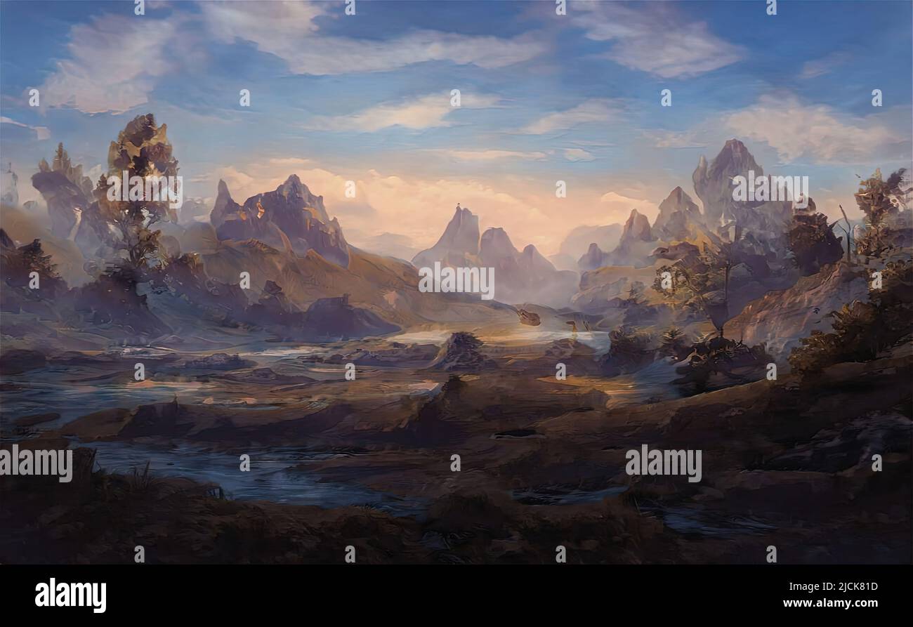 Magical fantasy landscape with mountains and forest in the evening ...