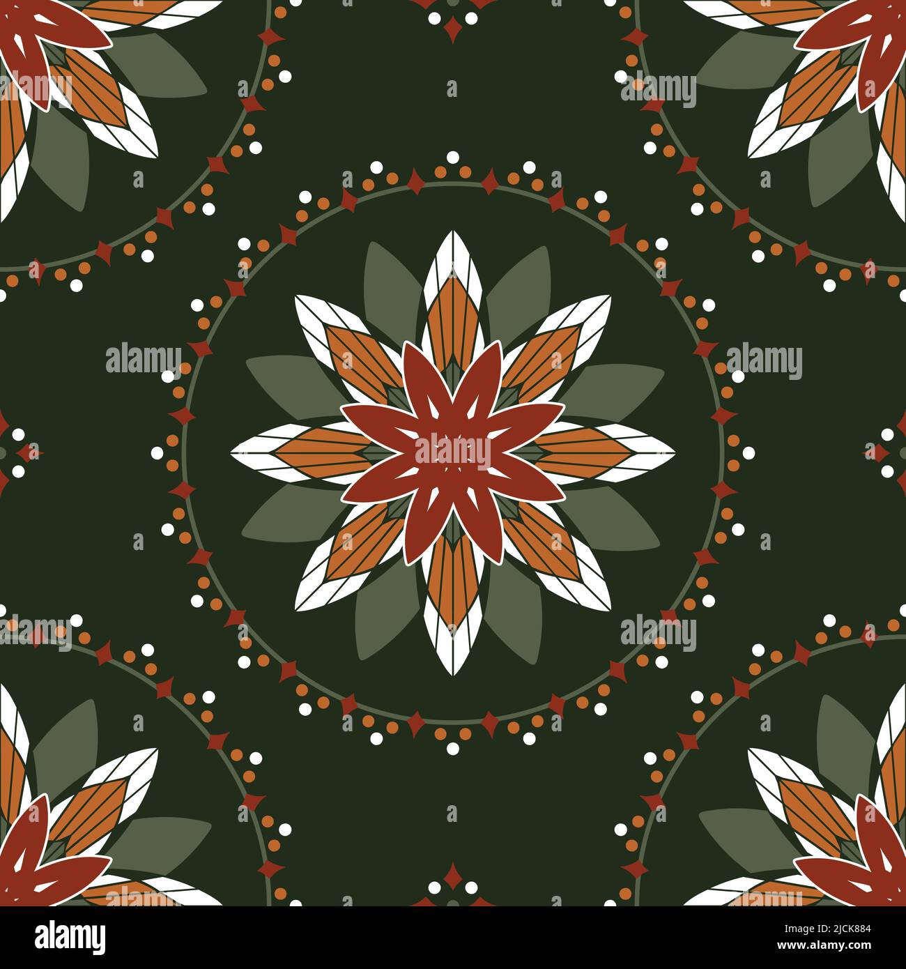 Seamless vector pattern with flower circle on dark green background ...