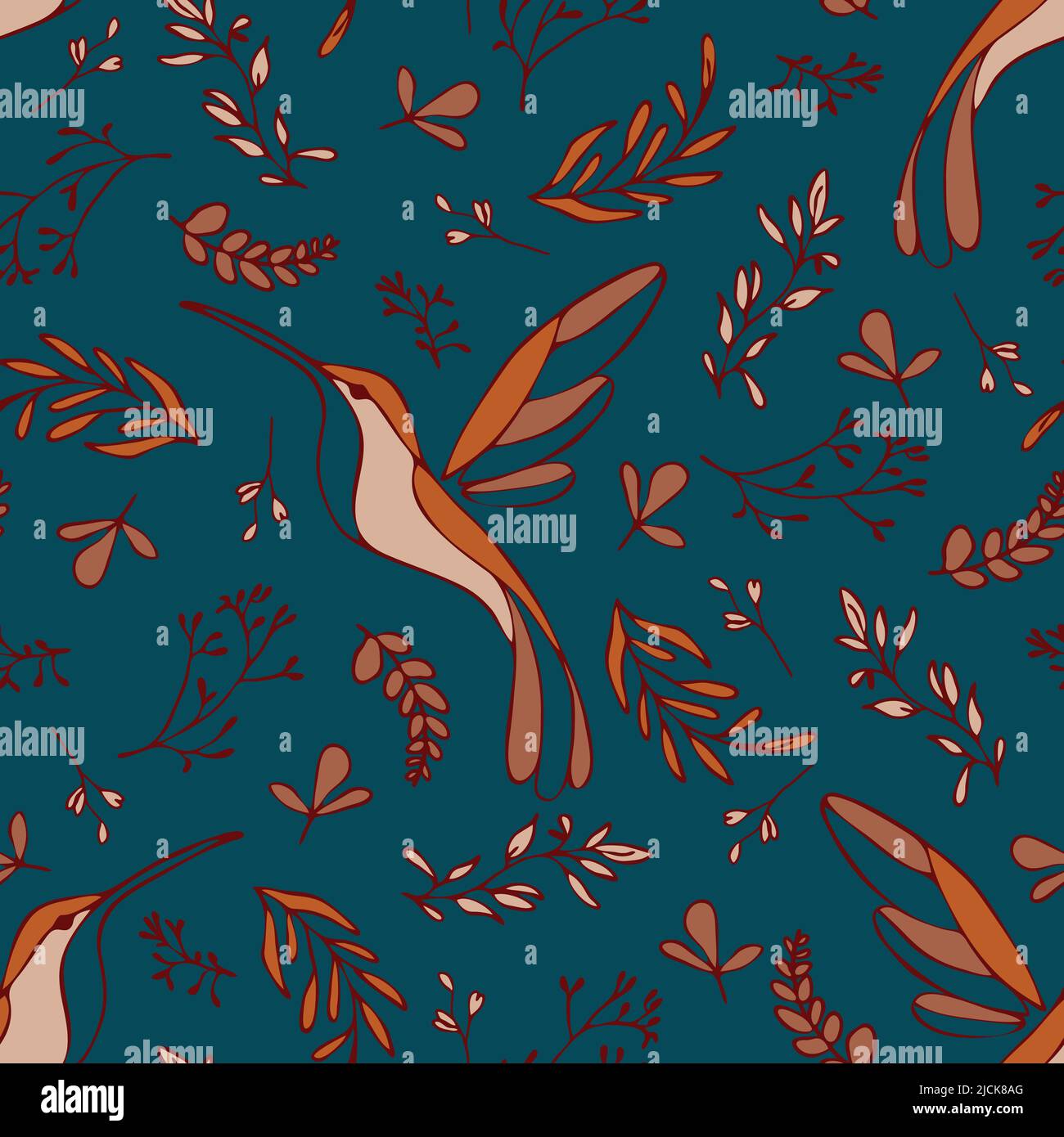 Seamless vector pattern with romantic hummingbird on blue background ...