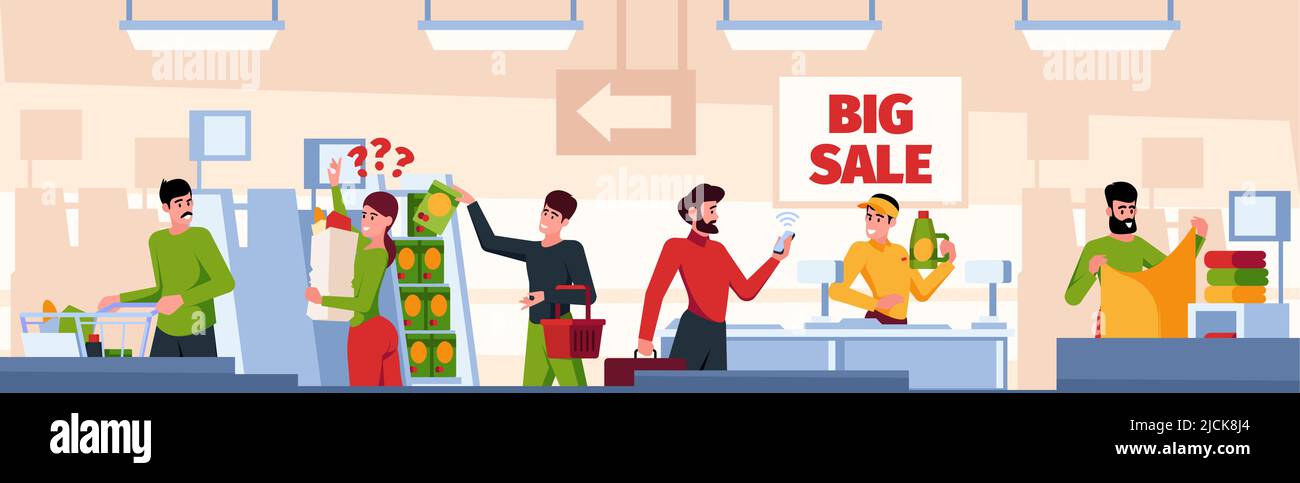 Buyers in market. People shopping products in retail store garish ...