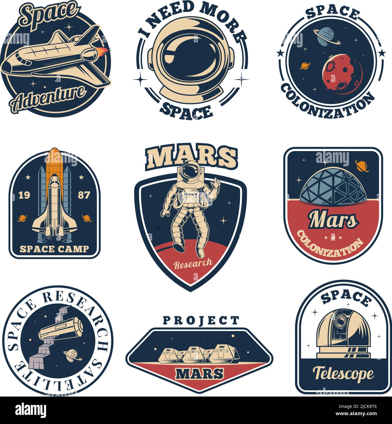 Space labels. Universe emblems astronaut space exploration science with ...