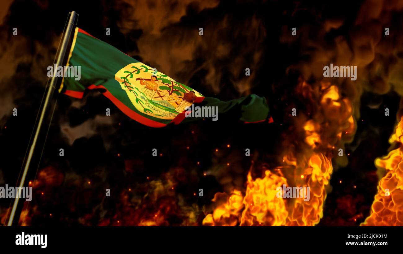 flag of Belize on burning fire backdrop - hard times concept - abstract ...