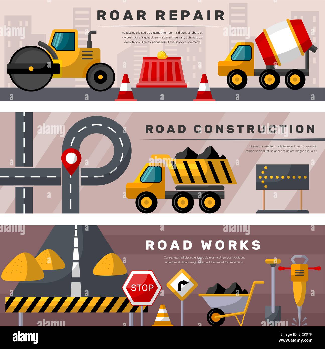 Road repair banners. Construction street road repair tools recent ...